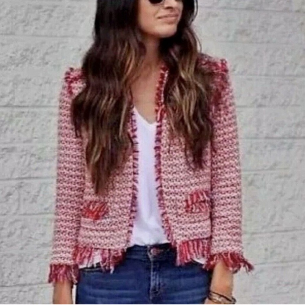 Zara Red Tweed Blazer With Fringe Trim - Gem